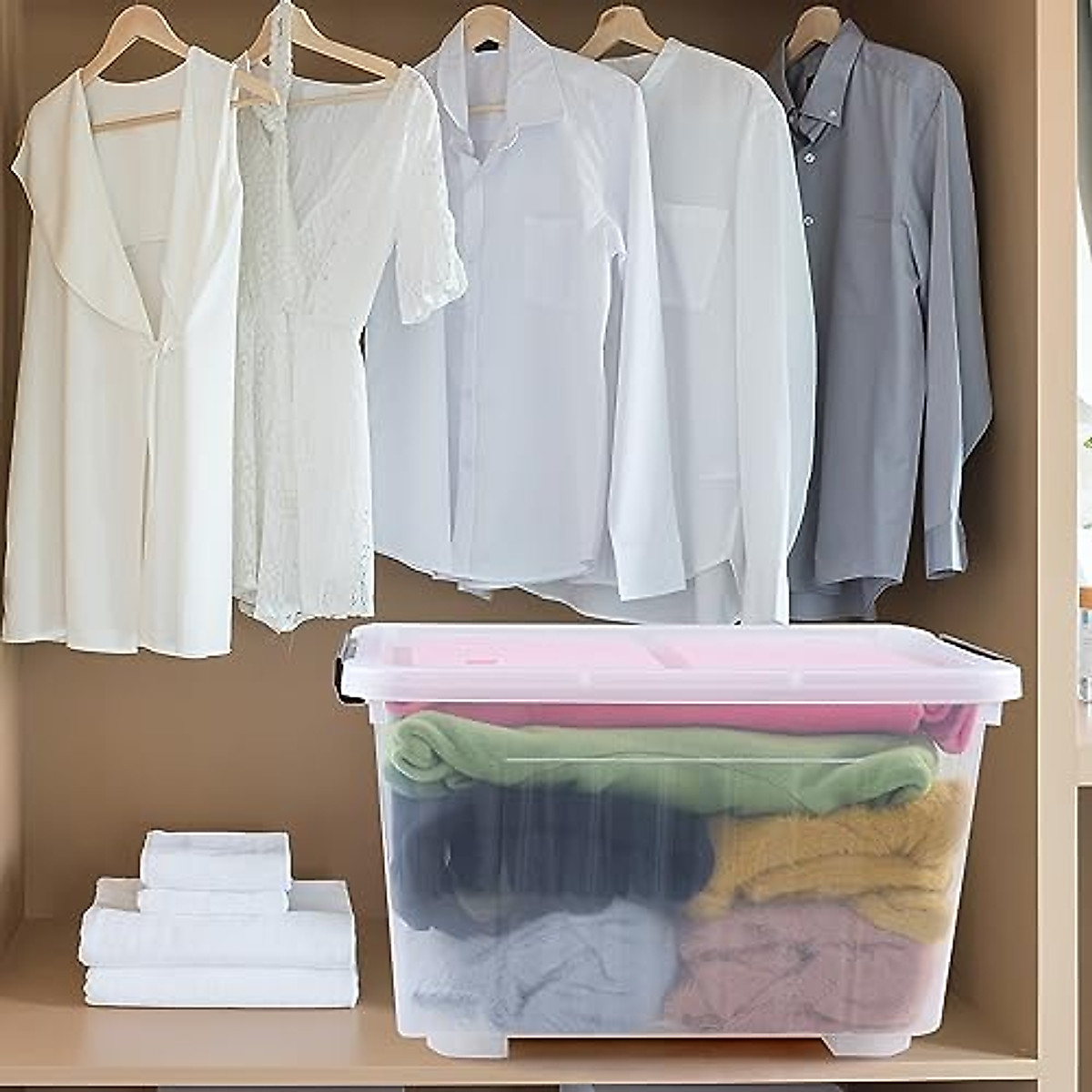 Sadstory 30 Quart Plastic Latch Storage Bin with Lid, Clear Latching Tote with Wheels, 4 Packs