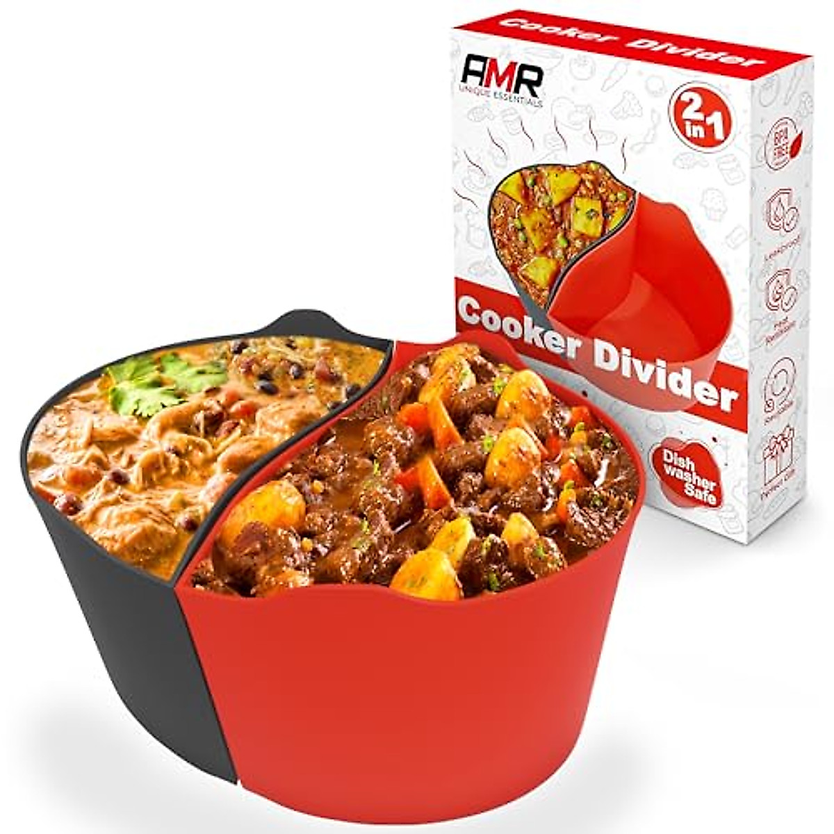 AMR 2in1 Slow Cooker Liners for 5-6 QT Crockpots, Silicone Crockpot Liner for Cooking 2 Dishes, Leak Proof & Dishwasher Safe