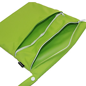 Damero 2 Pack Travel Wet Dry Bag Organizer with 2 Pockets and Handle for Cloth Diaper, Baby Clothes, Pumping Parts, Swimsuit and More, Cute and Spacious, Easy to Grab and GO(Medium, Green+Light Blue)