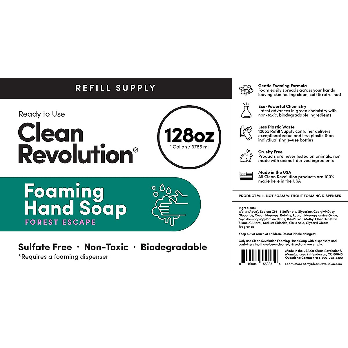 Clean Revolution Foaming Hand Soap Refill Supply Container, Ready to Use Formula, Forest Escape Fragrance, Gluten Free, 128 Fl. Oz