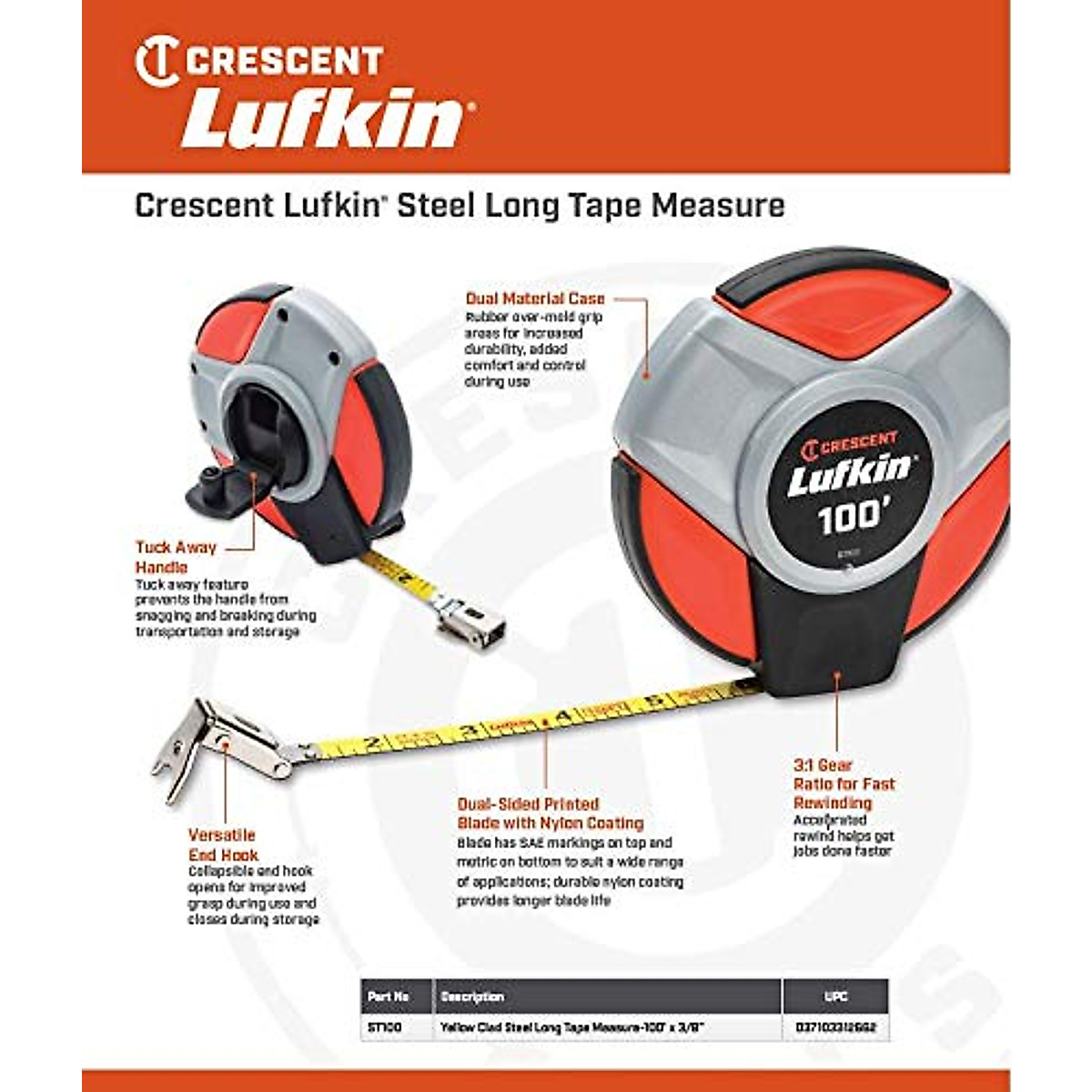 Lufkin ST100 TAPE,3/1 RATIO,100' X 3/8,STEEL