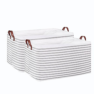 Extra Large Storage Basket organizer Fabric Storage Bin for shelf Closet Organizer Bin Collapsible Storage Box with PU Leather Handles and Drawstring Closure (Waterproof Lining, Grey Stripe,2Pack)