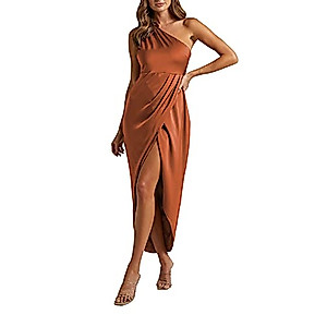 LYANER Women's One Shoulder Ruched Sleeveless Split Slit Wrap Hem Zipper Midi Dress Rust Brown Medium
