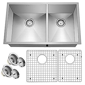 Miligoré 32" x 19" x 10" Deep Double Bowl (60/40 Split) Undermount Zero Radius 16-Gauge Stainless Steel Kitchen Sink - Includes Drains/Grids