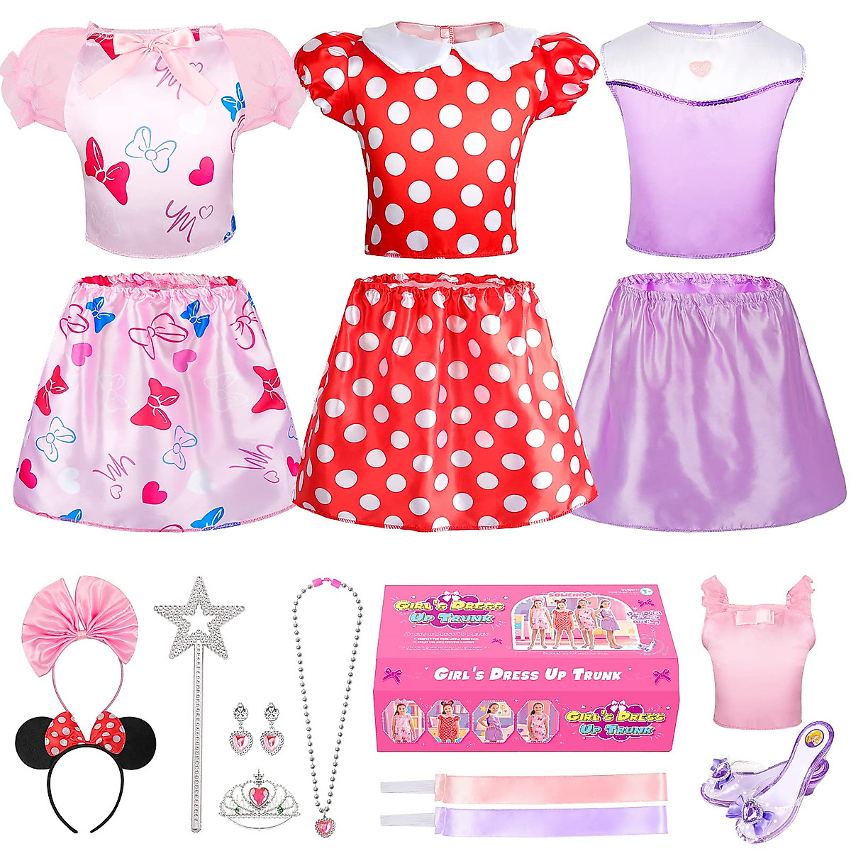 SOLIEHOO Girls Dress Up Princess Dresses, 19 Pcs Girls Dress Up Trunk with 4 Tops 3 Skirts and Princess Shoes, Toddler Pretend Play Costumes Dress Up Clothes for Girls Aged 3 4 5 6