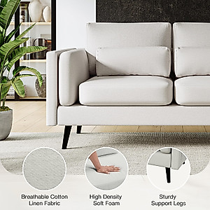 Novilla 68.5 Inch Modern Loveseat Sofa Couches, Small Sofa with 2 Waist Pillows, Natural Linen Upholstered Couch for Living Room, Bedroom and Apartment, Solid Wood Frame, Easy to Install, White