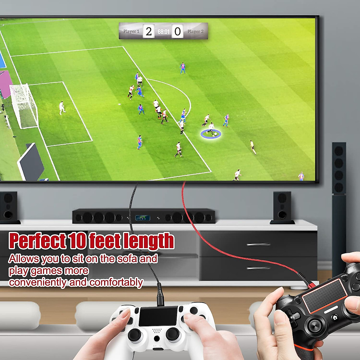 XUANMEIKE Charger Cable for Xbox One Controller, 2 Pack 10FT Super Long Nylon Charging Cable, Compatible with Xbox One S/X, PS4 Slim/Pro Controller, Android Phone (Black & Red)