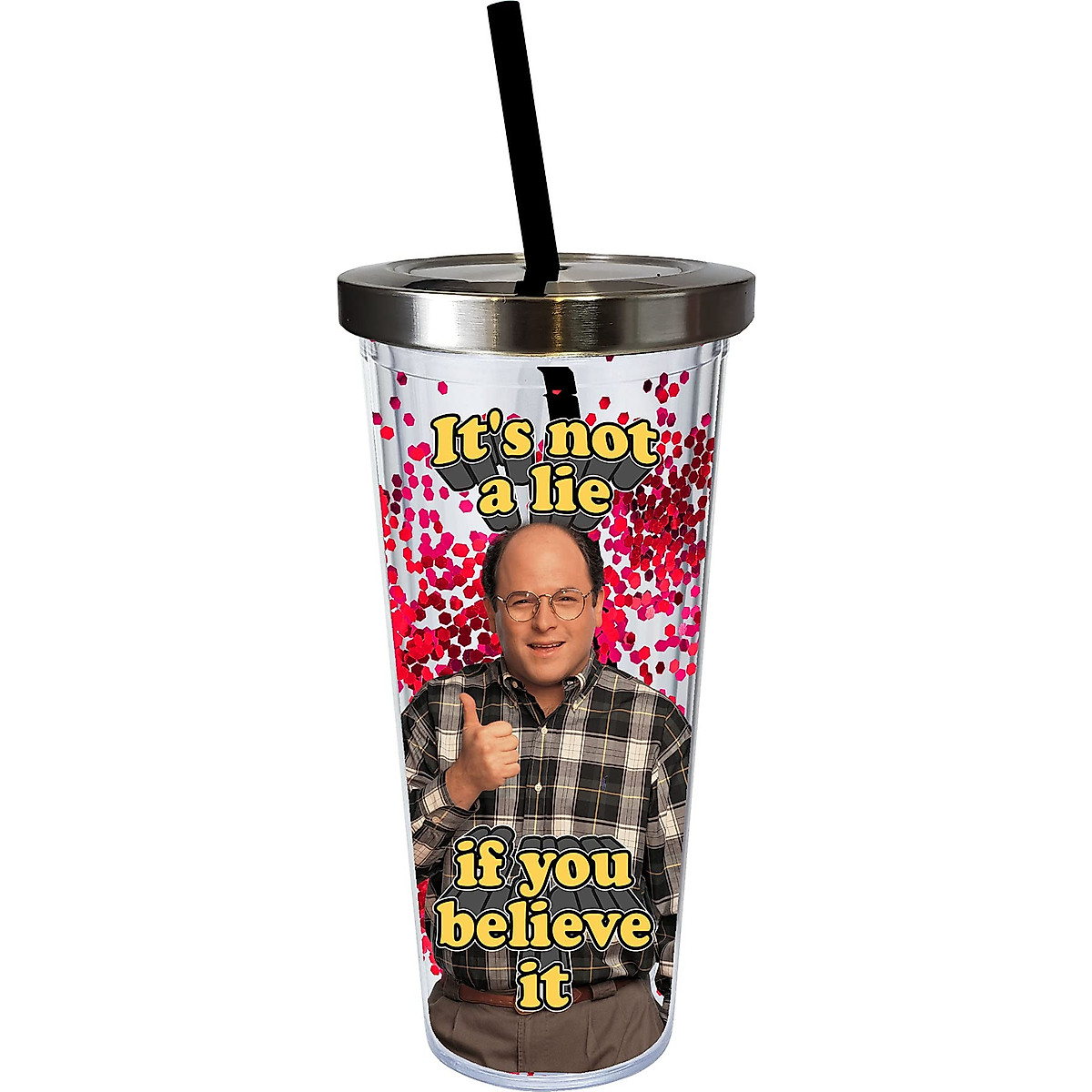Spoontiques - Glitter Filled Acrylic Tumbler - Glitter Cup with Straw - 20 oz - Stainless Steel Locking Lid with Straw - Double Wall Insulated - BPA Free - Seinfeld Glitter Cup