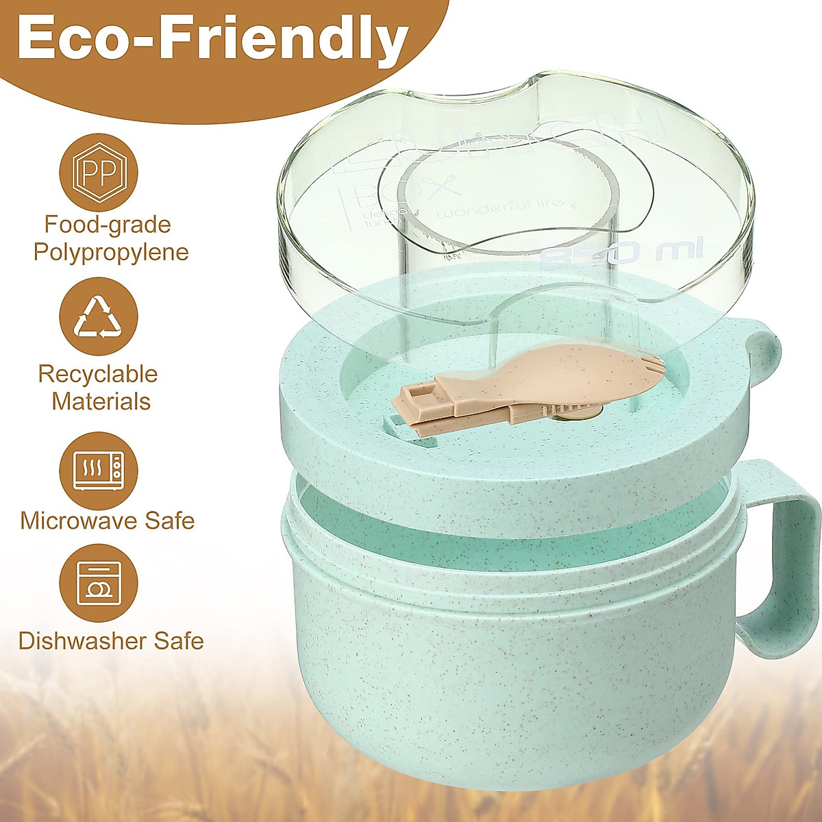 3 Pcs Wheat Straw Soup Bowls with Spork Large Soup Mugs with Lids Instant Ramen Noodles Bowl Soup Cup with Handle Instant Cooking Bowls for Travel Food Containers, Beige, Pink, Green, 28.74 oz