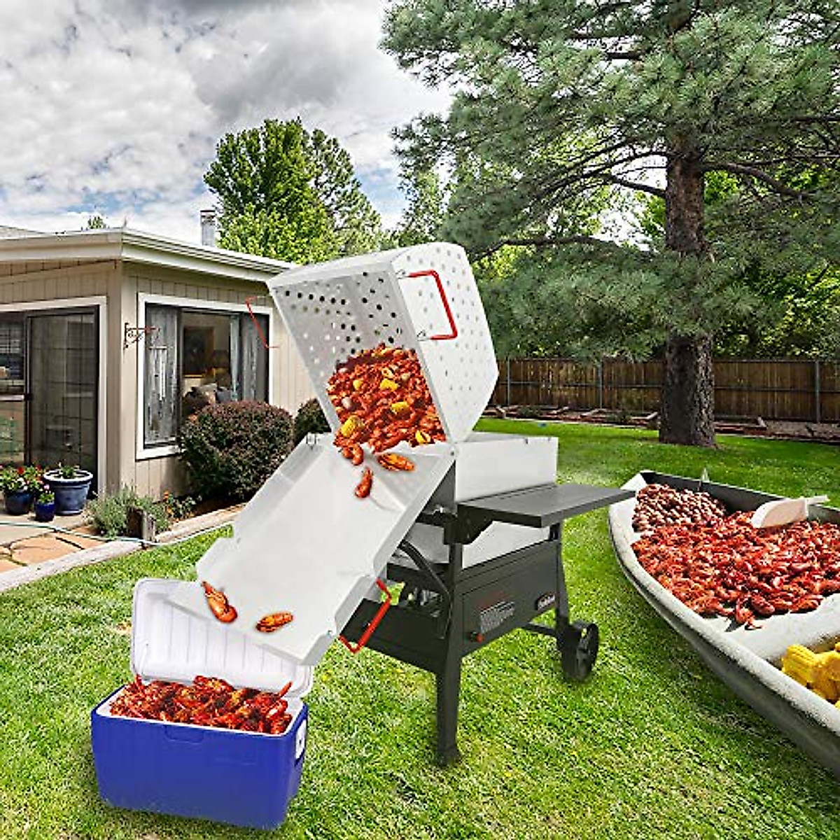 CreoleFeast CFB1001A 90 qt. Crawfish Seafood Boiler, Single Sack Outdoor Stove Propane Gas Cooker & Creole Feast CR1001A Premium Oxford Grill Cover, Heavy-Duty for All-Year Weather Protection, Black