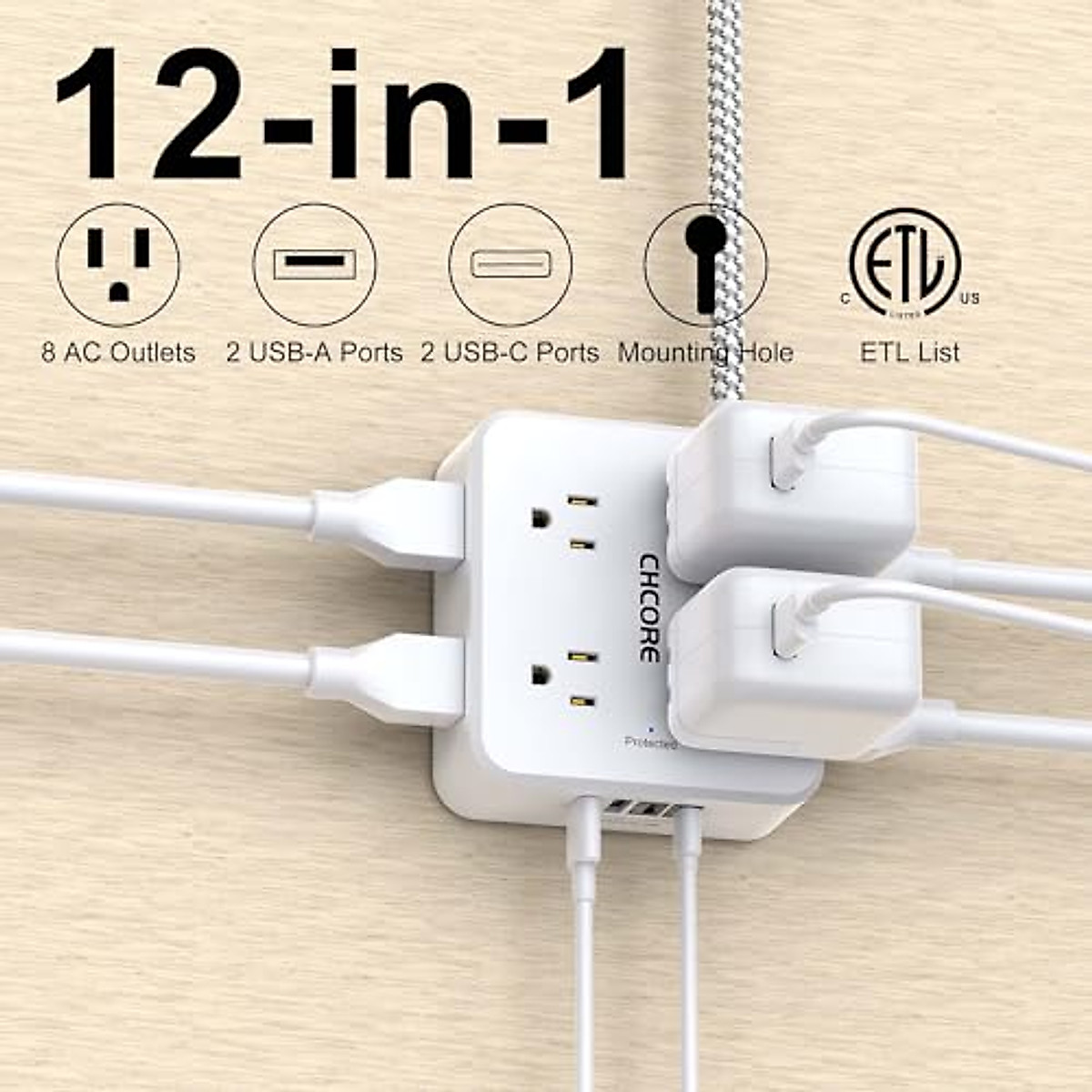 Surge Protector Power Strip - CHCORE 5Ft Braided Extension Cord with 8 Outlets with 4 USB (2 USB C) Charging Ports, Flat Plug Multi Plug Outlet Extender Charging Station for Home Office, ETL, White