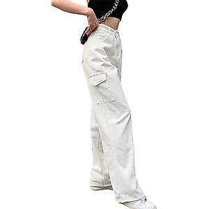 LONGYIDA Baggy Jeans for Women Y2K Stretch High Waisted Straight Wide Leg Denim Jeans Casual Cargo Pants Trousers(White,M)