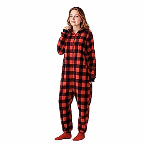 Giggling Getup Christmas Fleece Plaid Pajamas Jumpsuits Adult, Christmas Women Hoodie Full Zipper Pajamas-XL Red