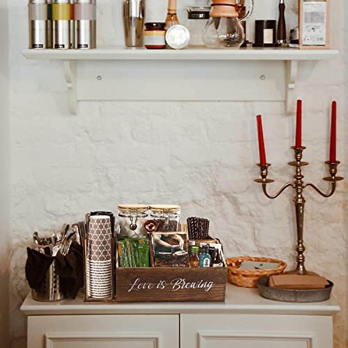 Coffee Station Organizer - Wooden Coffee Bar Organizer for Countertop Office Coffee Organizer Station with Drawer Farmhouse Coffee Bar Decor for Coffee Capsule Pod, Sugar, Cups, Tea Bag (Burnt Wood)