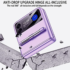 COCOING Case For for Samsung Galaxy Z Flip 4 2022 with Stylus Fashion Business Phone case,with Hinge Protection Device and Camera Screen Protector (Purple)