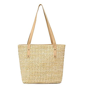 Straw Beach Tote Bags for Summer, Large Beach Bags for Women, Handmade Woven Straw Bag with Leather Handles & Zipper Closure for Vacation, Holiday, Seaside (Khaki)