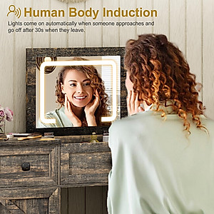 MDGC 3 in 1 Vanity Desk with Mirror and Lights, Farmhouse Dressing Table with Charging Station, Makeup Vanity Table with 3 Drawers Dresser, Adjustable Shelves & Hidden Stool for Bedroom, Dark Oak