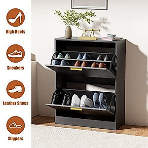 JOZZBY Shoe Cabinet for Entryway, Black Slim Shoe Cabinet with 2 Flip Drawers Narrow Shoe Storage Cabinet 2 Tier Freestanding Shoe Organizer for Entryway, Hallway, Living Room