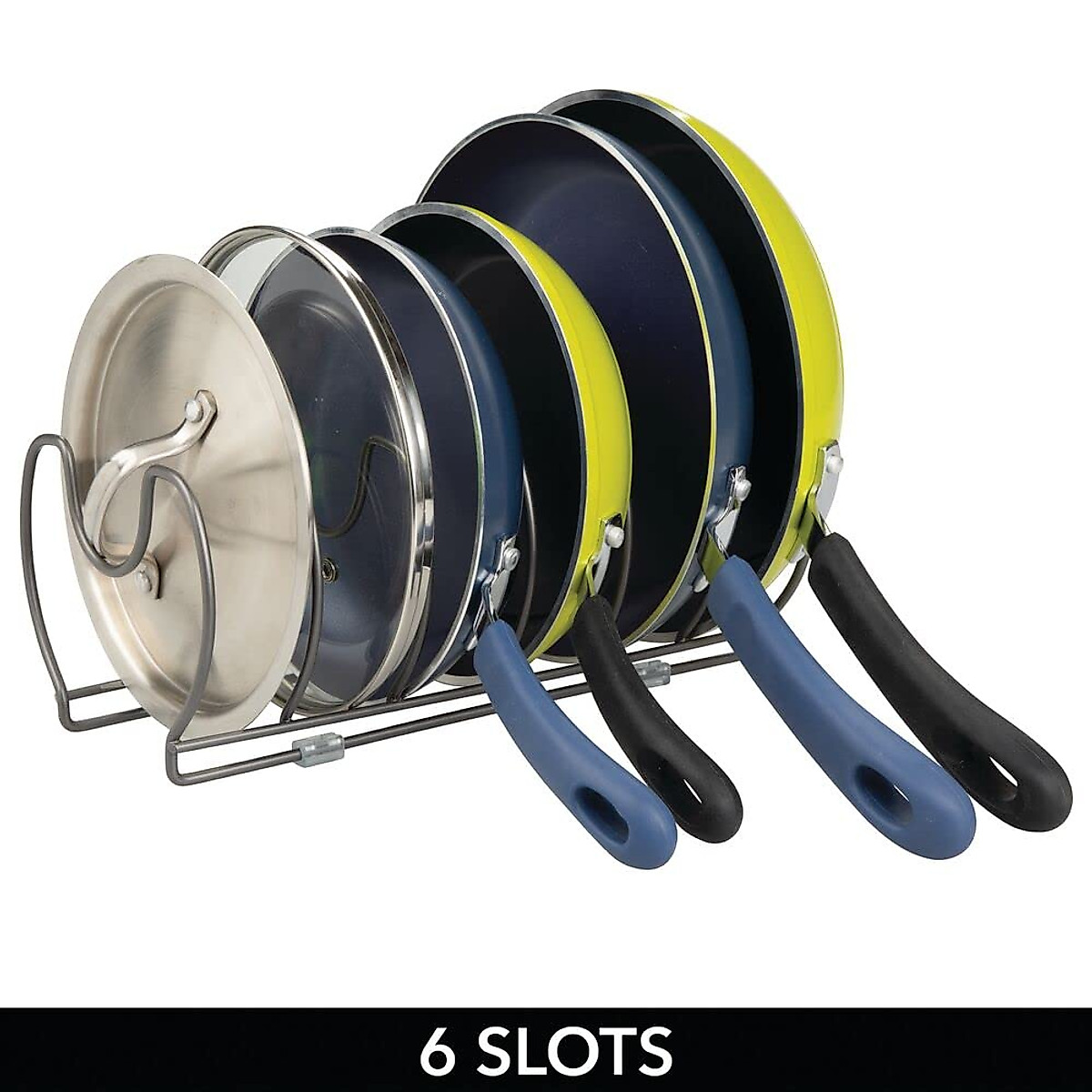 mDesign Metal Wire Pot/Pan Organizer Rack for Kitchen Cabinet, Pantry Shelves, 6 Slots for Vertical or Horizontal Storage of Skillets, Frying or Sauce Pans, Lids, Baking Stones - Graphite Gray
