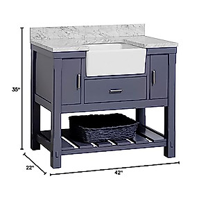 Charlotte 42-inch Farmhouse Bathroom Vanity (Carrara/Marine Gray): Includes Marine Gray Cabinet with Authentic Italian Carrara Marble Countertop and White Ceramic Apron Sink