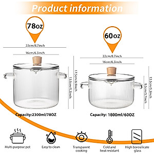 Simmer Pot with Lid, 2.3L(78oz) Heat Resistant Borosilicate, Glass Ribbed Pot, Glass Cooking Pot with Lid, Clear Simmer Pot, for Pasta Noodle, Soup, Milk, Baby Food