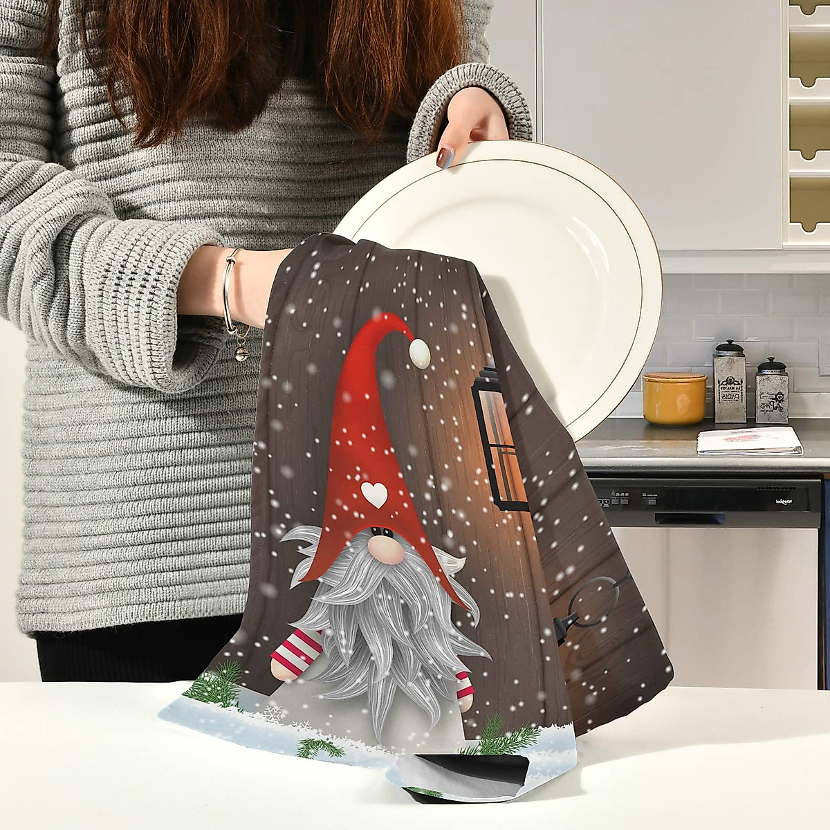 Winter Gnomes Lantern Kitchen Dish Towels Set of 4, Dwarfs Snowflake Landscape Dishcloths Absorbent Lint-Free Towel 18x28Inch Drying Clean Cloths Home Daily Use