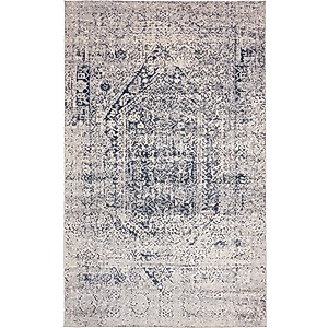 Unique Loom Chateau Collection Traditional, Vintage, Textured, Medallion, Distressed, Victorian Area Rug, 5 ft x 8 ft, Navy Blue/Beige