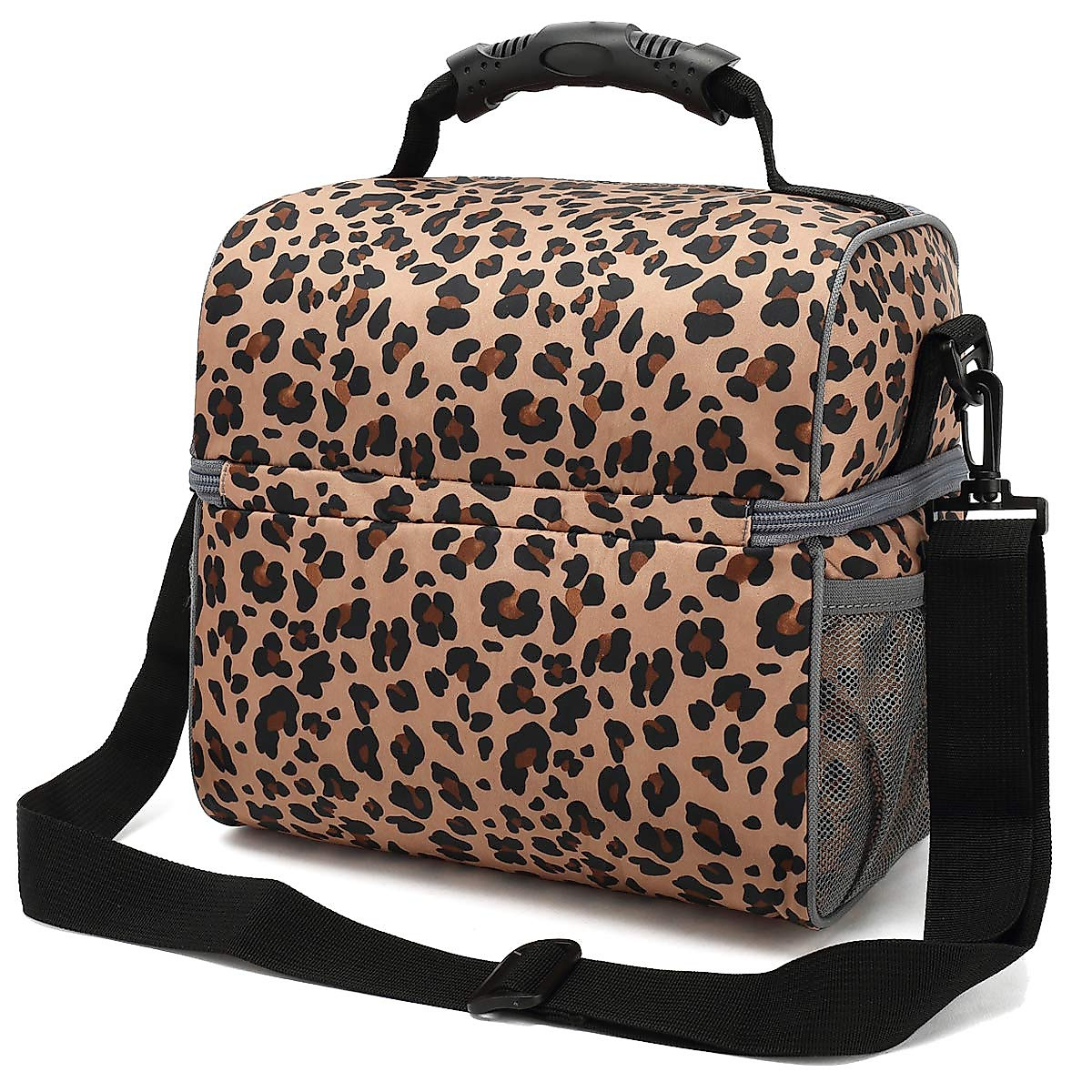 FlowFly Double Layer Cooler Insulated Lunch Bag Adult Lunch Box Large Tote Bag for Men, Women, With Adjustable Strap,Front Pocket and Dual Large Mesh Side Pockets,Leopard