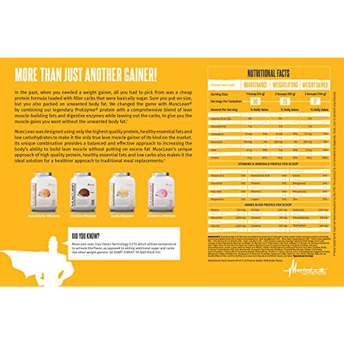 Metabolic Nutrition - Musclean - Milkshake Weight Gainer, Whey High Protein Meal Replacement, Maintenance Nutrition, Low Carb, Keto Diet, Digestive Enzymes, Vanilla, 2.5 Pound (25 ser)