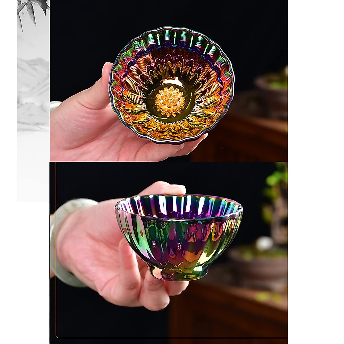 LingXuanGe Gold Lotus peacock tea cups set of 2, Beautiful Colorful Glaze Ceramic Tenmoku Tea Cup Chinese Kungfu Tea Cup (Color : Peacock)