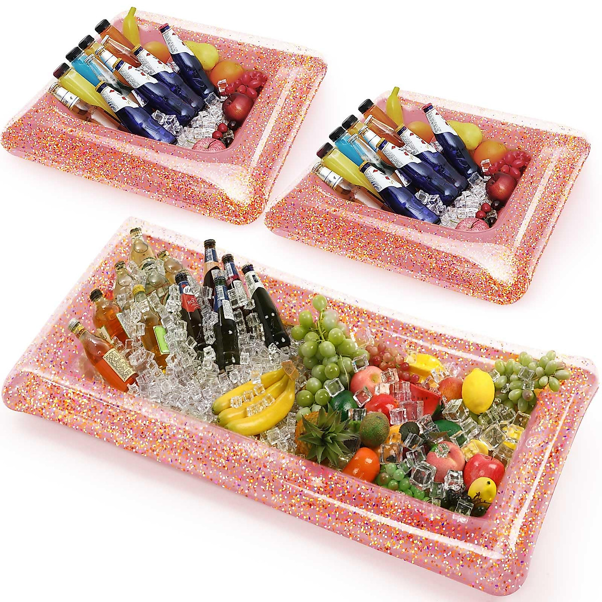 meekoo 3 Pcs Inflatable Cooler Inflatable Serving Bar Salad Ice Buffet Tray Container for Party with Glittering Confetti Drain Plug for Food Drink Pool Beach BBQ Picnic, 1 Rectangle 2 Square (Pink)