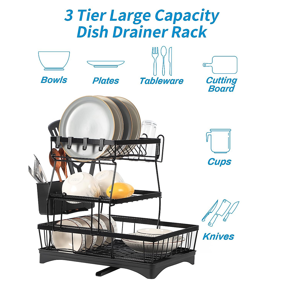 3 Tier Dish Drainer Rack for Kitchen Counter, Large Capacity Dish Drying Rack with 360° Rotating Drainboard, Dish Drainers for Kitchen Sink, Countertop Large Detachable Stainless Steel Dish Rack