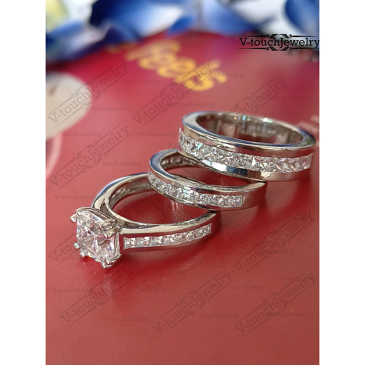 V Touch 14K White Gold Plated 925 Sterling Sliver 3 Piece Wedding His Engagement & Her Band Rings Sets Cushion & Princess Cut Created Diamond for Couple Mens and Women Trio Ring Set