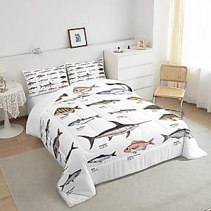 Bass Fish Comforter Set for Boys Girls Farmhouse Fishing and Hunting Theme Bedding Set, Samll Fish Pattern Duvet Insert Big Pike Fishing Quilt Fishing Lures Hook Hunting Quilted Duvet Twin Size
