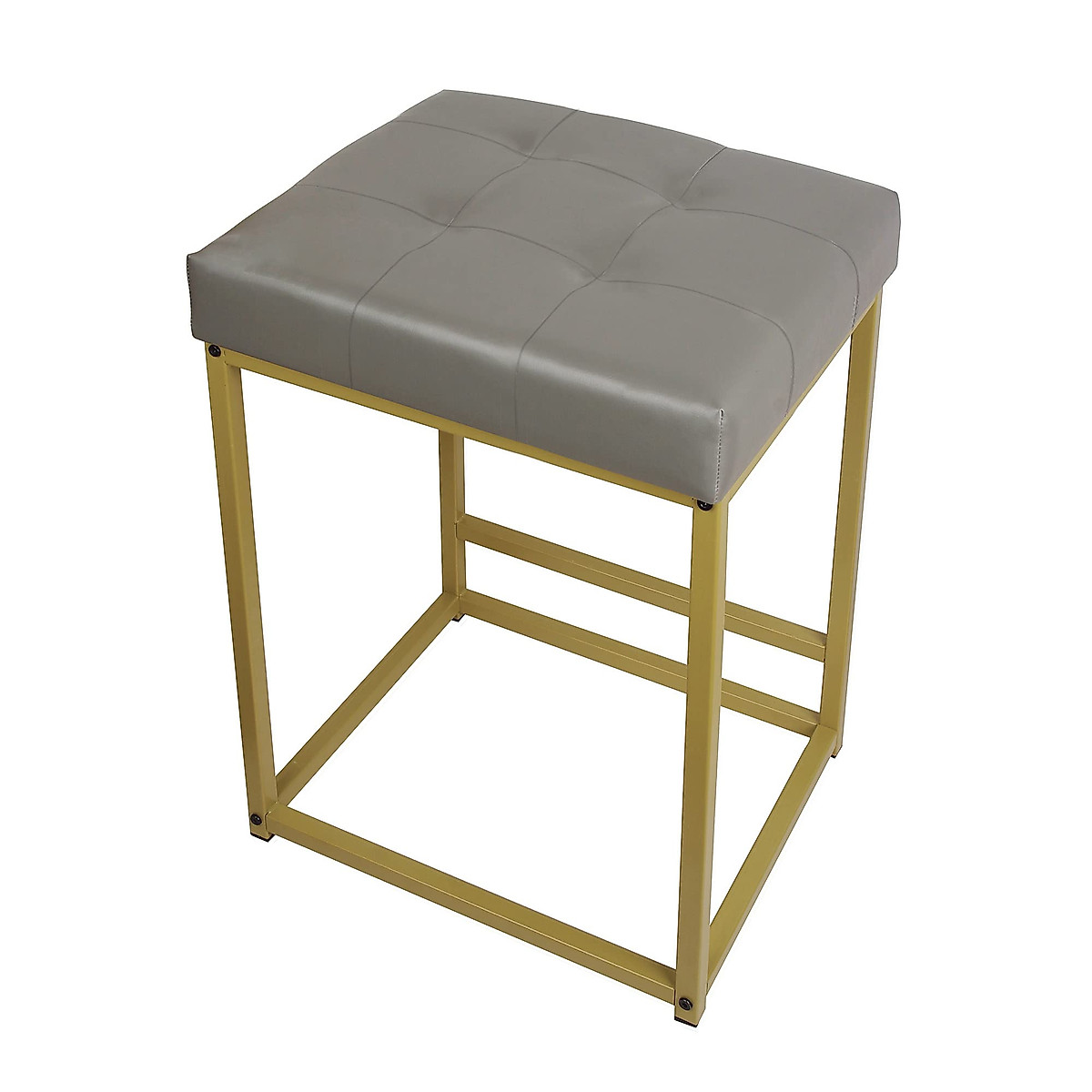 GIA 24-Inch Counter Height Square Metal Stool with Footrest and Tufted Gray Vegan Leather Upholstery, Gold Frame, Qty of 1