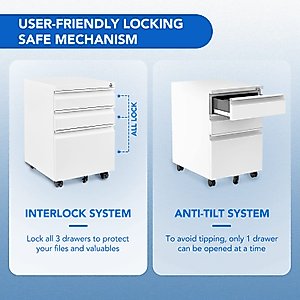 FLEXISPOT 3 Drawer Mobile File Cabinet for Home Office Under Desk Storage, Filing Cabinet with Lock Keys, File Organizer Cabinet for Legal/Letter/A4 File, White