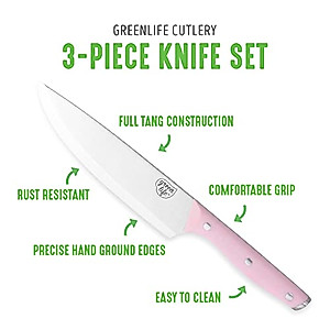GreenLife High Carbon Stainless Steel 3 Piece Knife Set with Covers, Includes Chef Utility and Pairing, Comfort Grip Handles,Triple Rivet Cutlery, Soft Pink