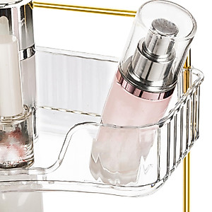 Cididu 3 Tiers Bathroom Counter Organizer, Clear Corner Shelf Storage Rack, Cosmetic Perfume Standing Holder with Gold Metal Pole, Skincare Sink Organizer for Vanity Countertop