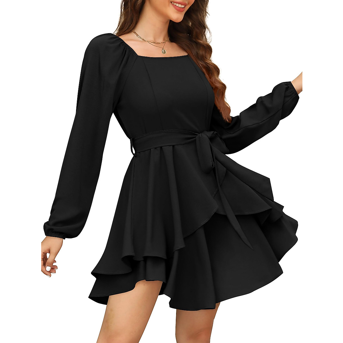 Womens Black Long Sleeve Dresses Mini Square Neck Semi Formal Funeral HOCO Fall Outfits XL