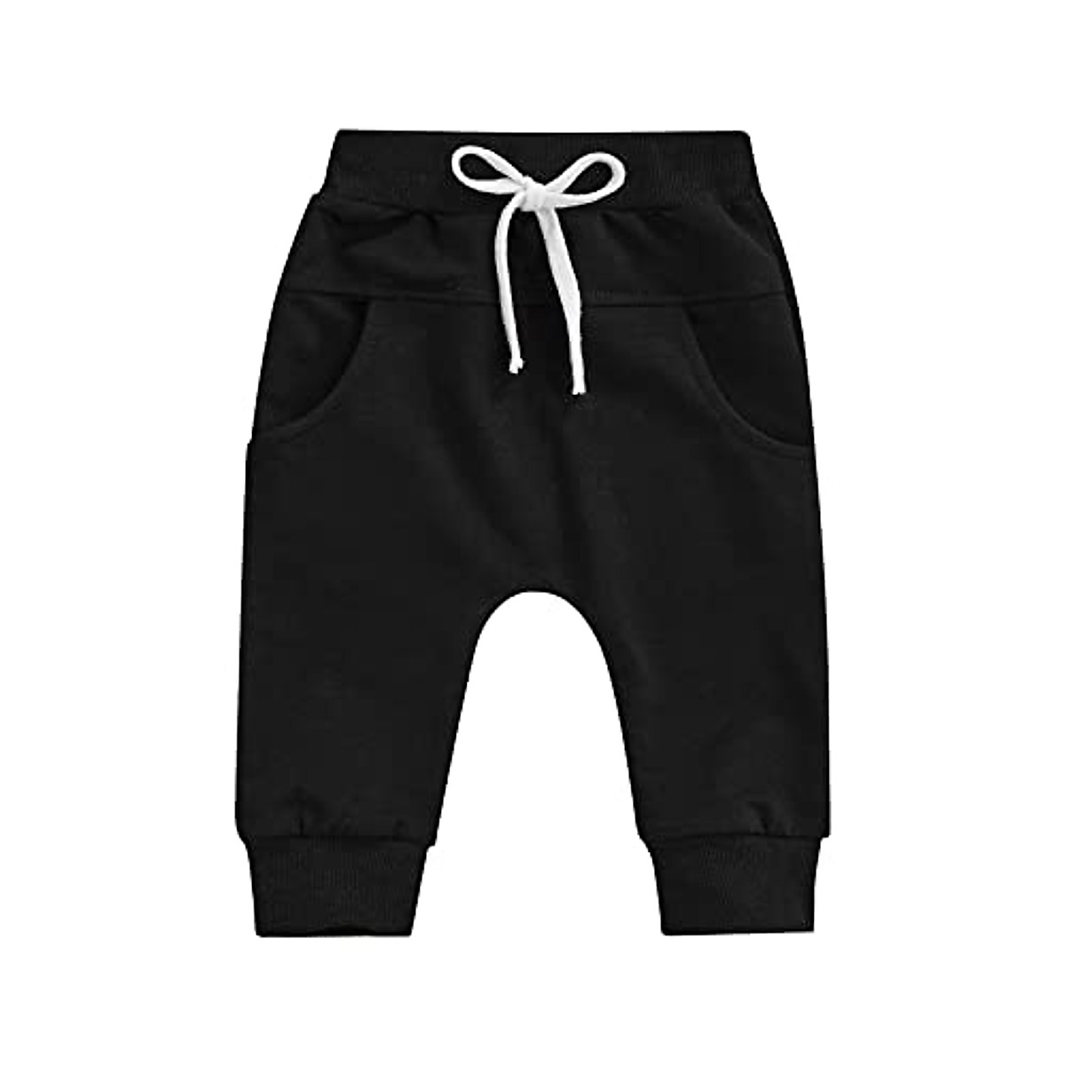 Newborn Baby Boys Girls Sweatpant Trousers Elastic Waist Adjustable Drawstring Plain Loose Fit Cotton Jogger Pants (Black , 0-6 Months )