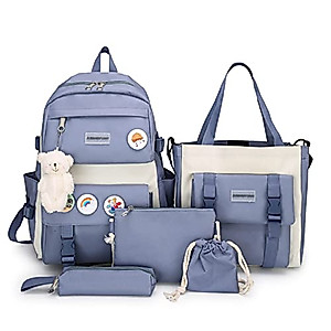 Aesthetic Backpack Set for Teens 5pcs for School Cute Kawaii Backpack with Pins and Plushies Cute Accessories (Blue)