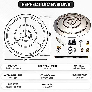 Dreffco Stainless Steel Fire Pit Burner Pan & Ring Standard Kit with Spark Ignition for Natural Gas, 36-Inch Pan, 30-Inch Ring, 200,000 BTU Max