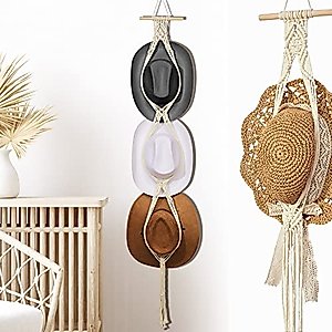 Yulejo Macrame Hat Hangers Boho Hat Rack Cowboy Hat Hanger Back of Door Hat Organizer (White,Three Hats Style)