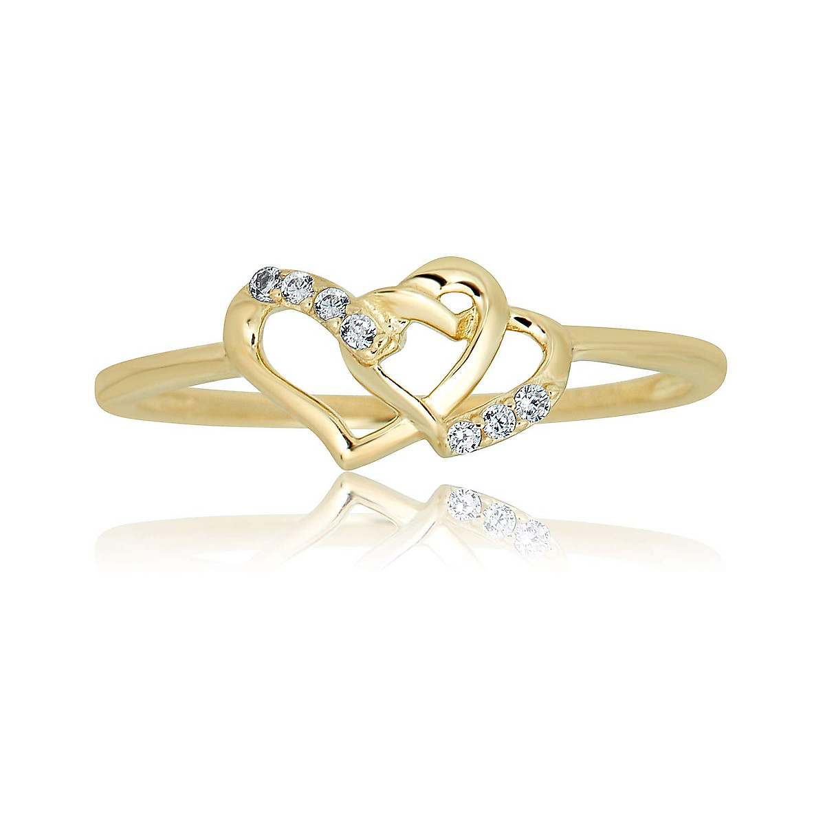 AVORA 10K Yellow Gold Double Heart Ring with Simulated Diamond CZ, Size 6 - Size 6