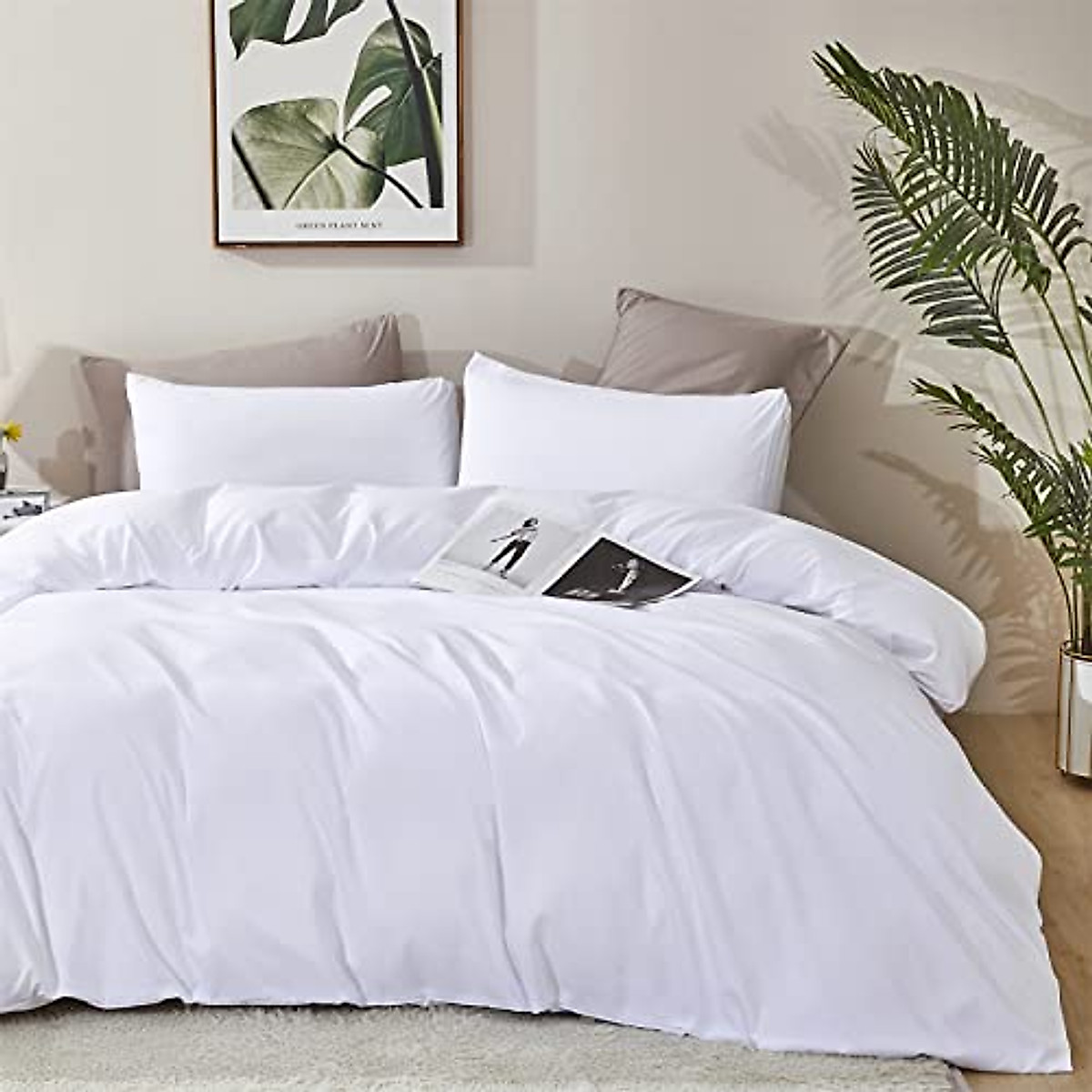 Wellboo White Comforter Sets Queen Plain White Bedding Comforters Cotton Solid White Bed Quilts Queen Size Cozy Women Men All White Minimalist Bedding Full Adults Teens Pure White Durable Blankets