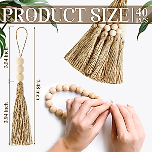 40 Sets Jute Tassels with 3 Wood Beads Natural Jute Rope Burlap Tassels for Christmas Tree DIY Craft Wood Beads Garland Project Wedding Home Party Decorations