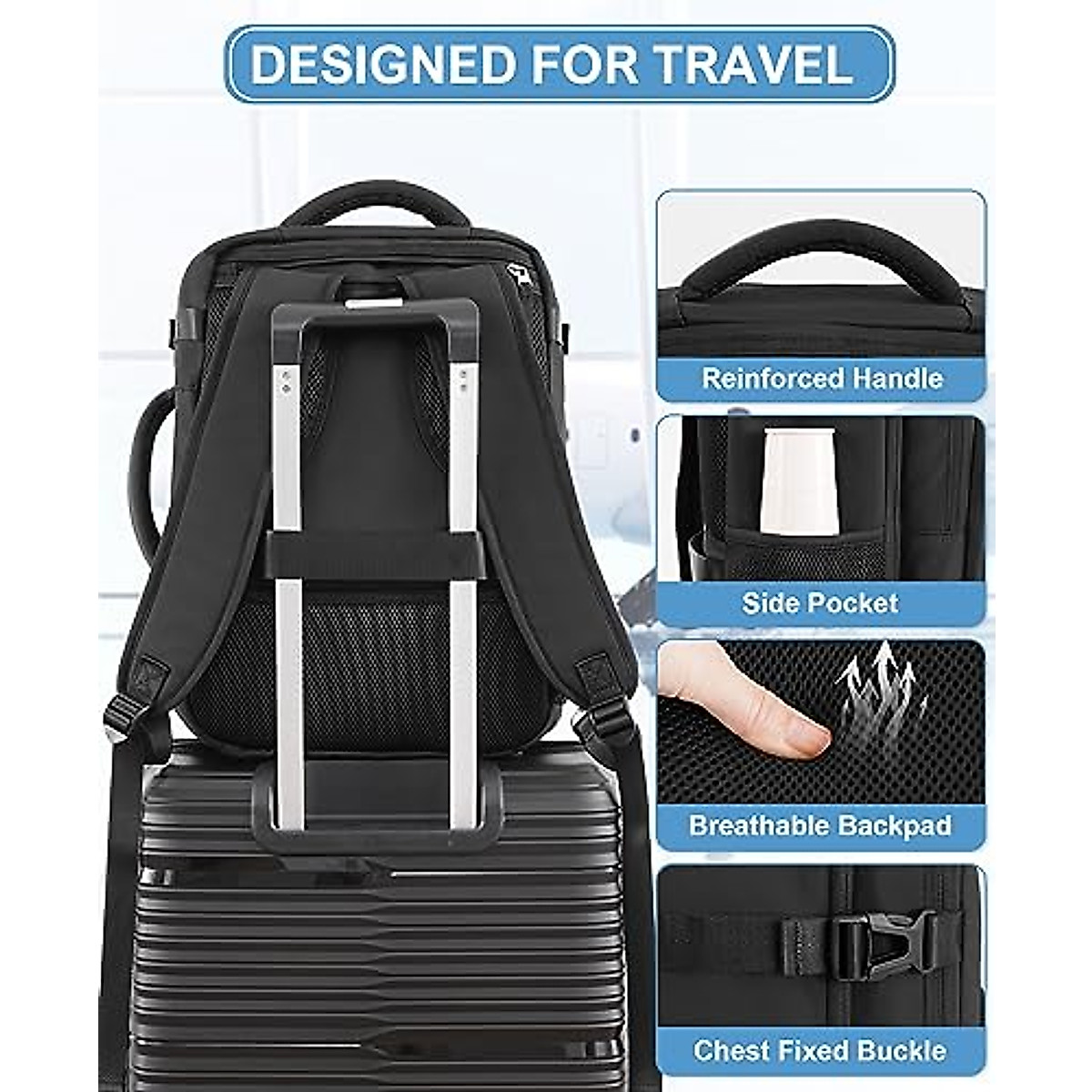 Beraliy Large Travel Backpack, Personal Item Bag for Airlines, Carry On Luggage, Hiking Backpack,Laptop Backpack, Lightweight College Work Gym Weekender Bag Men Women, Black