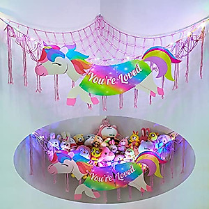 FIOBEE Stuffed Animal Net or Hammock with LED Light, Toy Hammock Net with Banner Stuffed Animal Storage Organizer Hanging Kids Room Wall Decor for Nursery Playroom Bedroom, Unicorn
