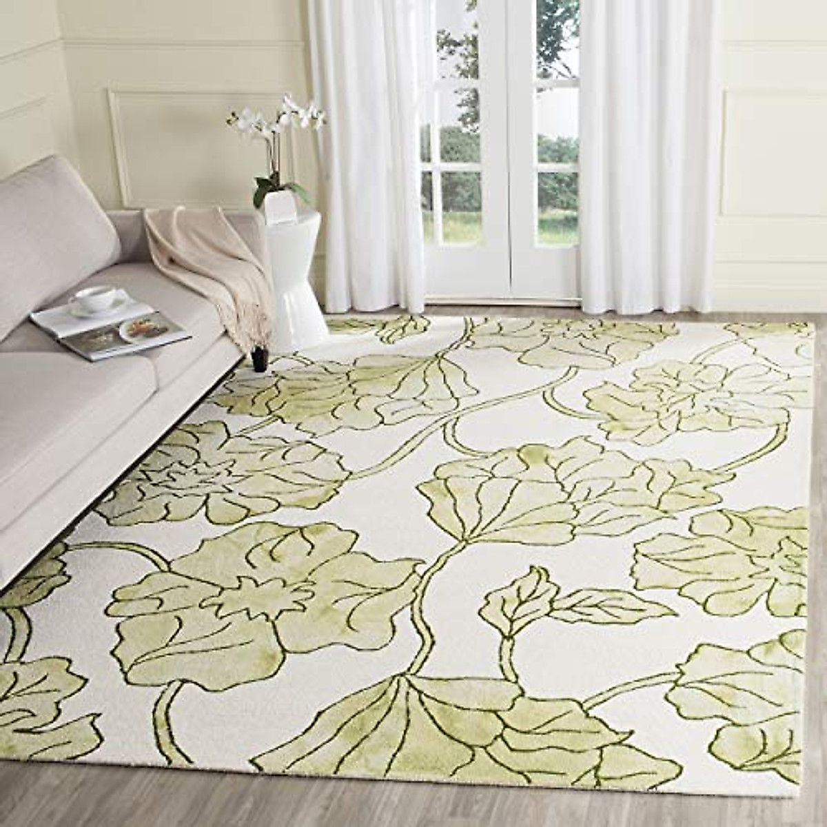 SAFAVIEH Dip Dye Collection 5' x 8' Ivory / Light Green DDY683B Handmade Floral Watercolor Premium Wool Area Rug