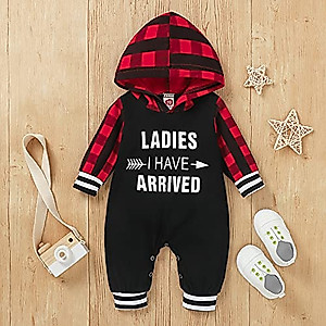 Tikoubabe Baby Boy Clothes Fall Winter Outfits Infant Long Sleeve Hoddie Romper Ladies I Have Arrived Printed 0-3 Months 70CM Red Plaid